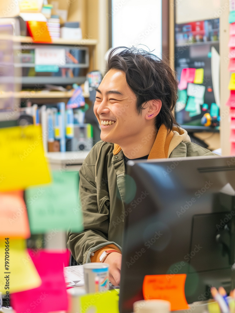 Smiling young man at her workplace, working hard in the office at her ...