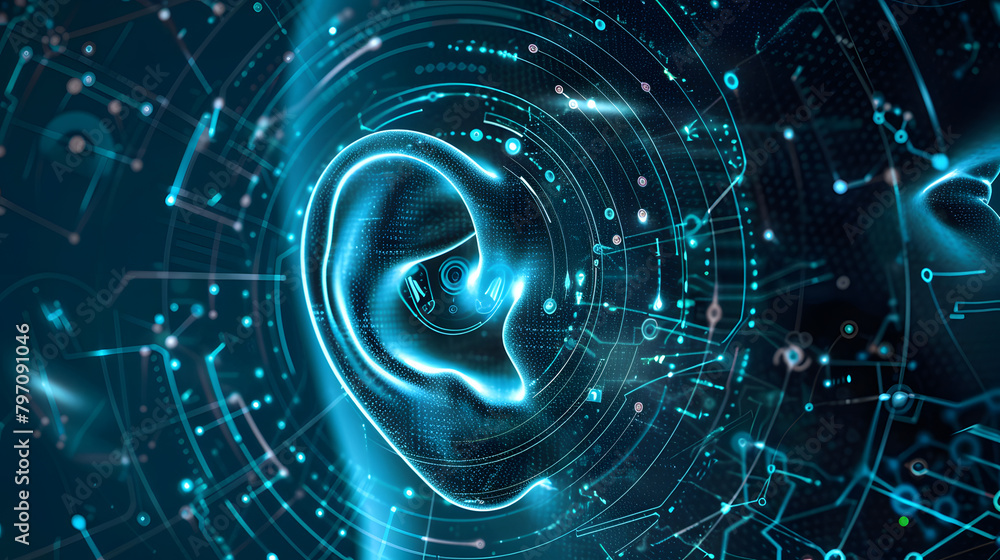 A human ear is represented in the focal point of a diagram. circled by ...
