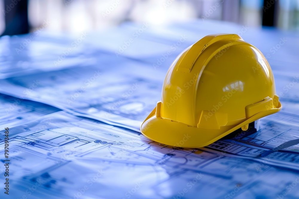 Yellow hard hat and blueprints symbolize safety in construction ...