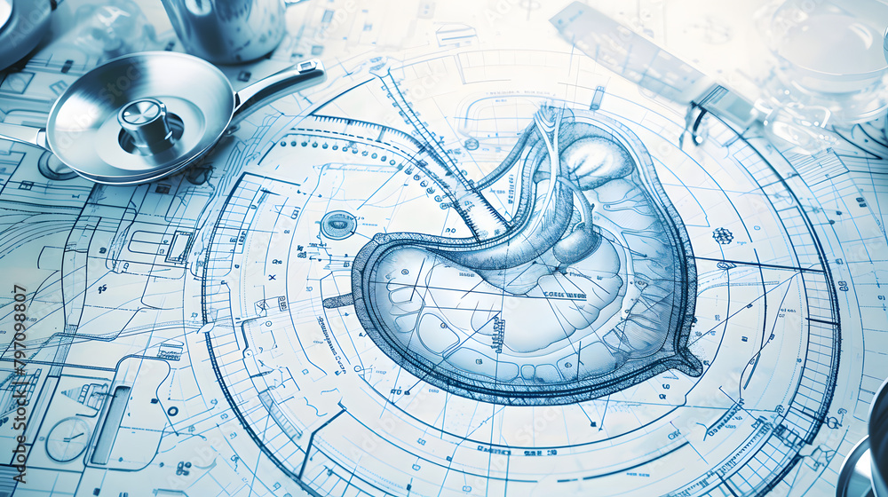 A human stomach is exhibited in the nucleus of a blueprint. encircled ...