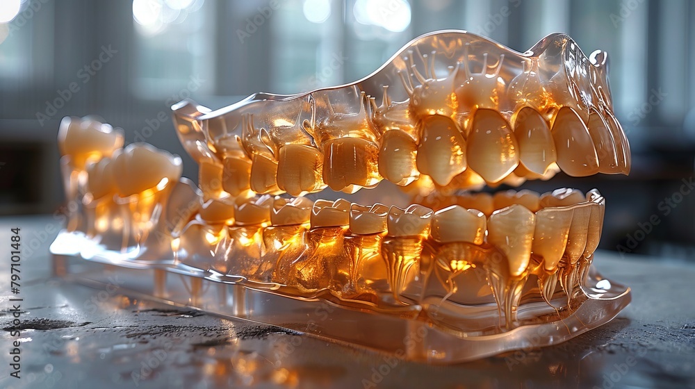 A transparent model of human teeth with implants, teeth, nerves ...