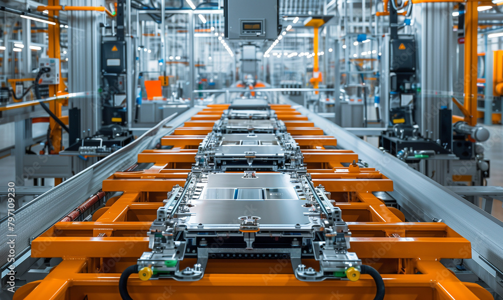 The photo shows an automated assembly line where battery cells for ...