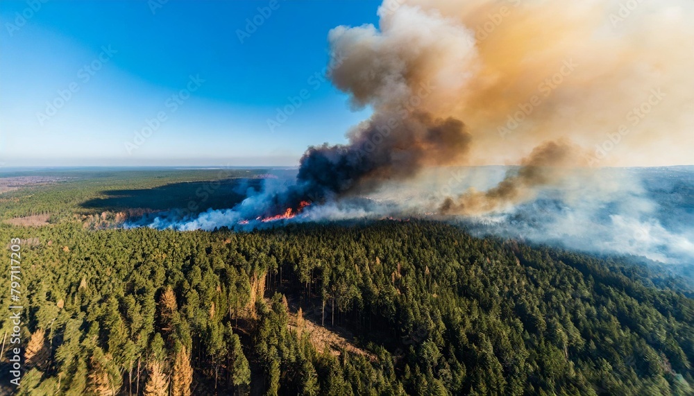 aerial view of a massive forest fire drone top view of wildfire with smoke and burning trees ...