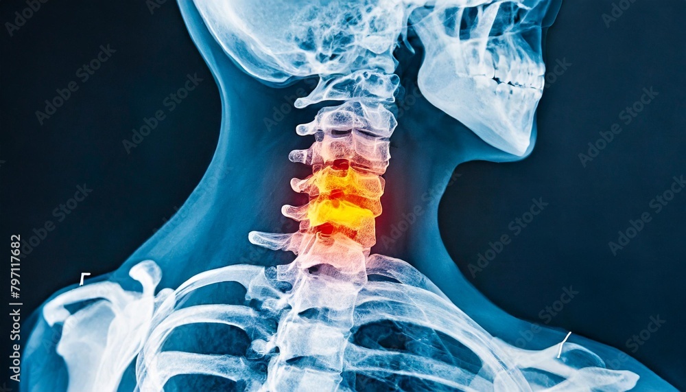 an x ray of the human spine against a blue background the neck spine ...