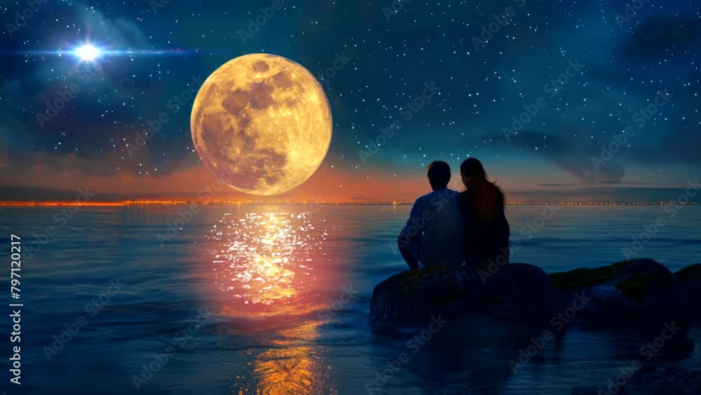 a couple watch full moon and falling star at night romantic in ...