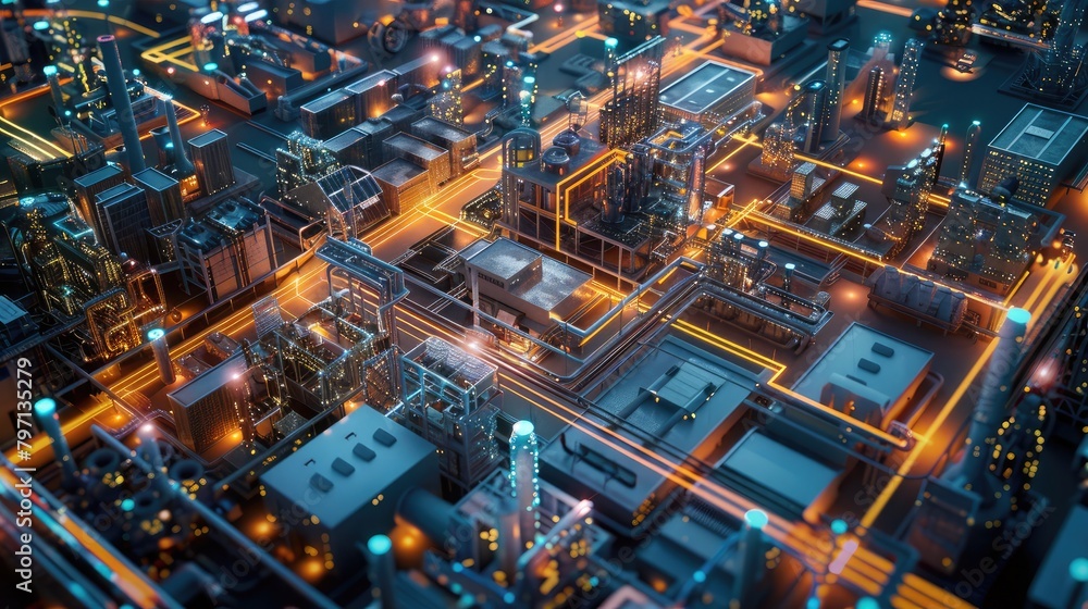 Aerial view of a smart factory equipped with IoT devices and automated ...