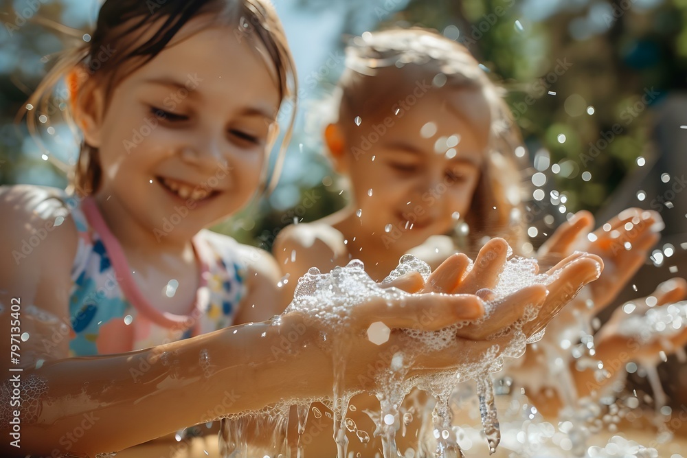 Children washing hands with soap to prevent spread of germs and viruses ...
