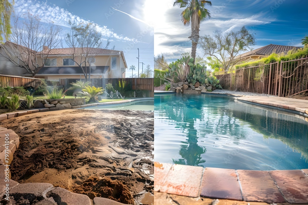 Transformation from neglected backyard to stunning pool oasis. Concept ...