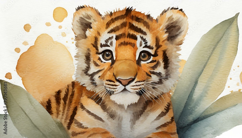 watercolor illustration tiger cub lion cub stains splashes children s ...