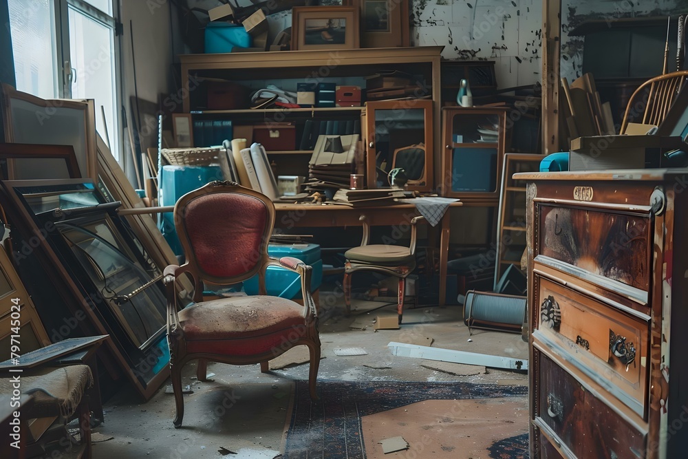 Room cluttered with furniture and items awaiting renovation. Concept ...