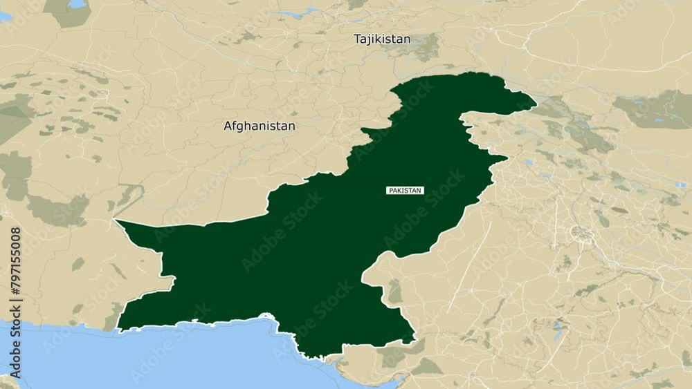 Animated Pakistan map highlighted dark Green color zooming from top ...