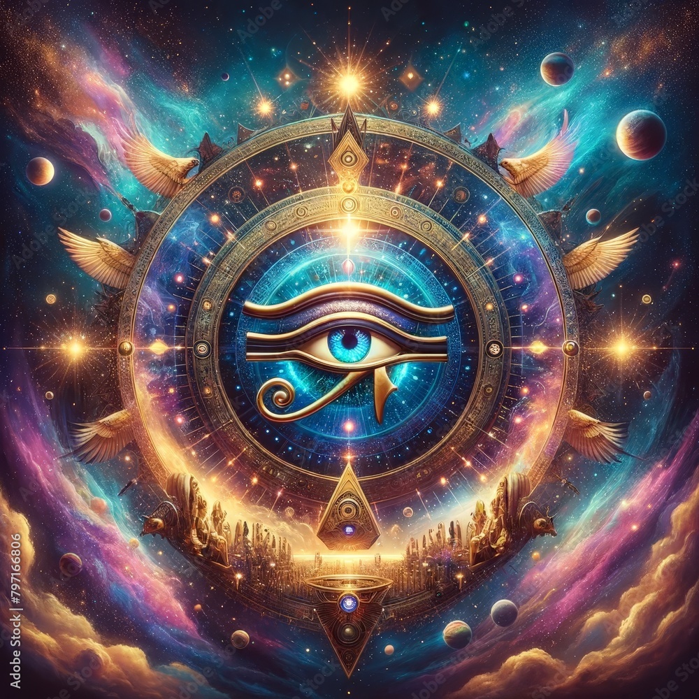 The Eye of Horus shines within a celestial circle, surrounded by winged ...