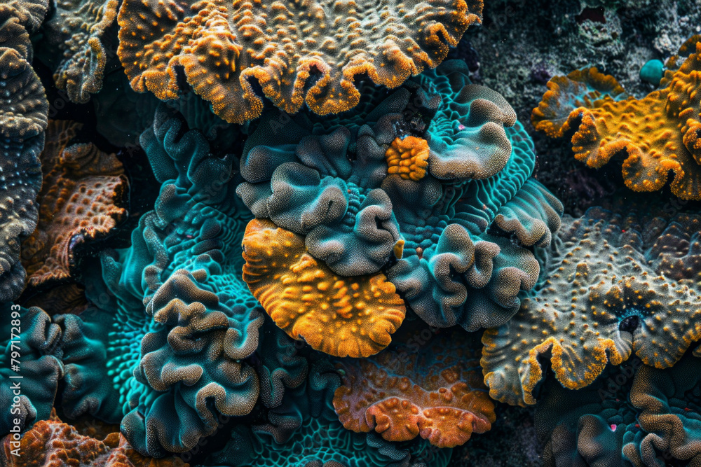The textured surface of coral formations found in underwater ecosystems ...