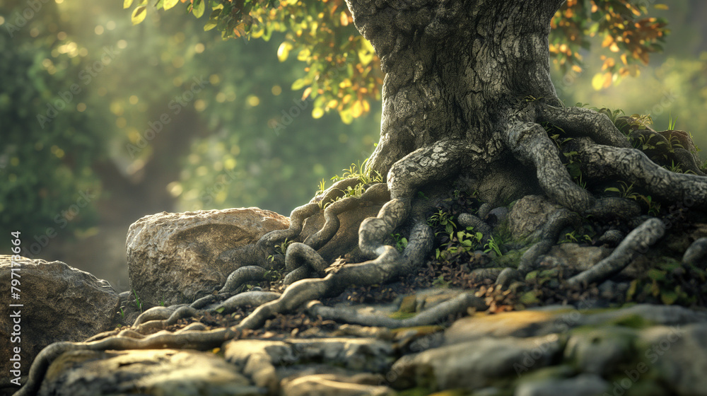 Ancient tree growing out of a large rock, Close-up on the intertwined ...