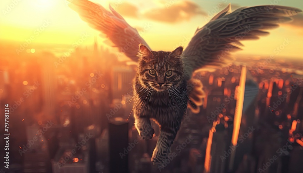 Winged cat soaring above a city at sunset, casting a striking ...