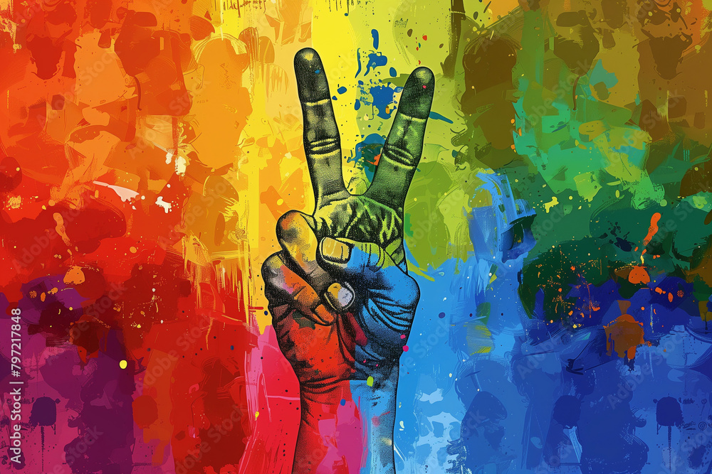 Hands with fingers in peace sign on a rainbow background, representing ...
