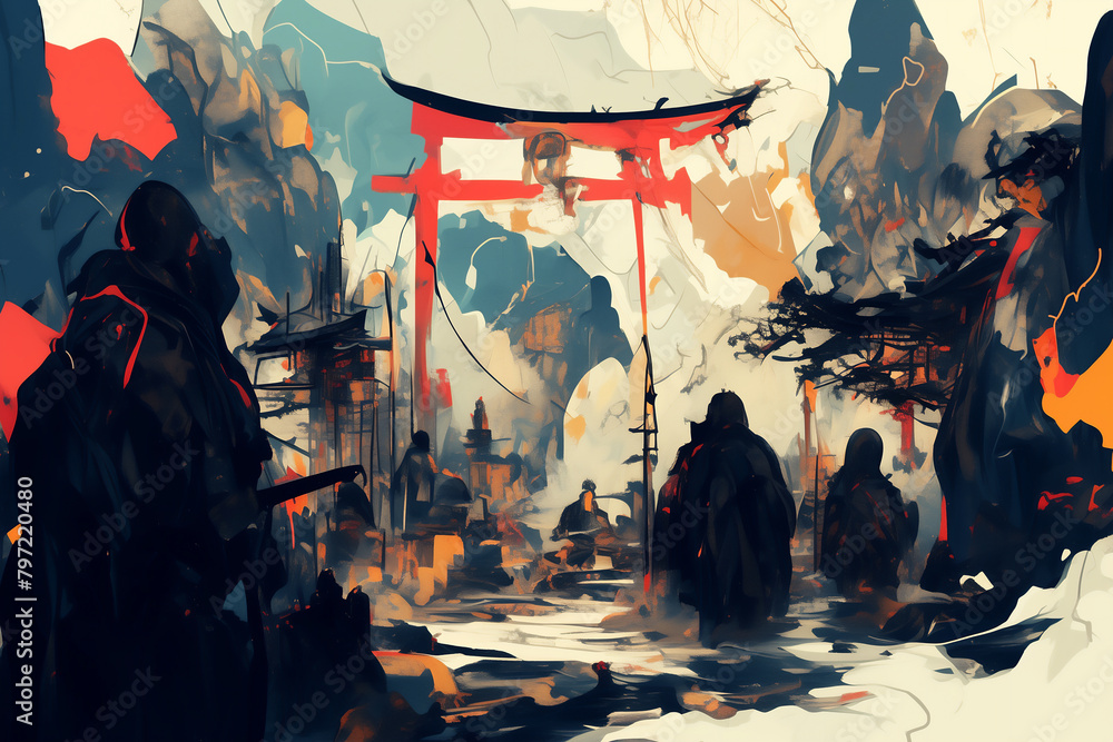 An ancient Shinto shrine surrounded by a mystical forest, with priests ...