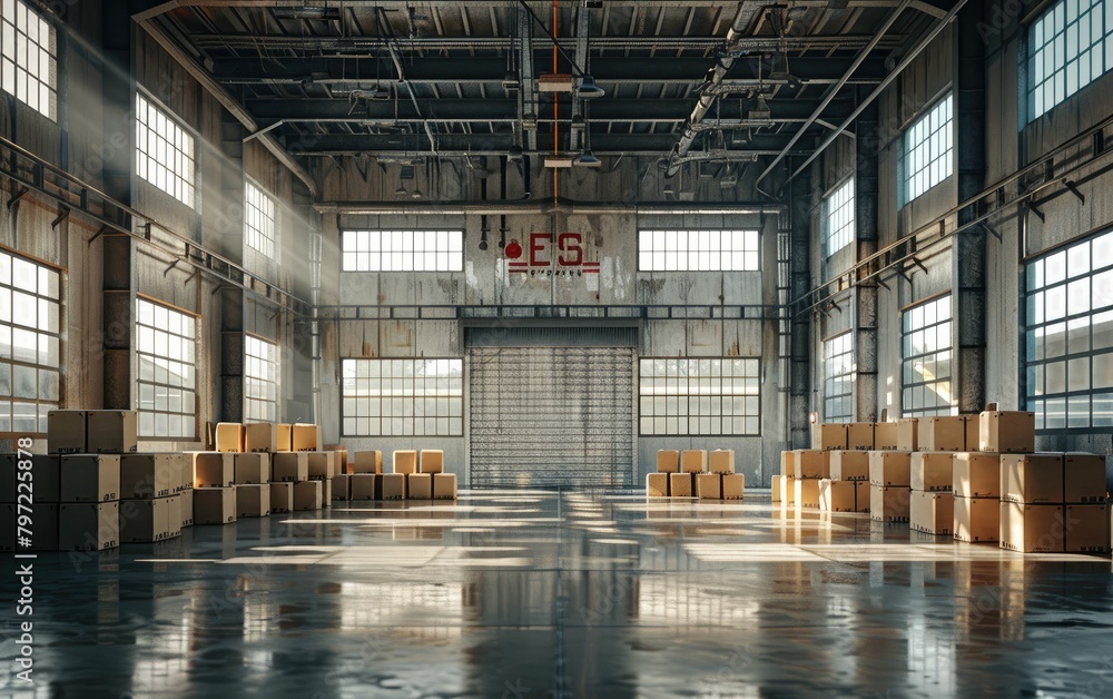Interior of a spacious industrial warehouse with numerous cardboard ...