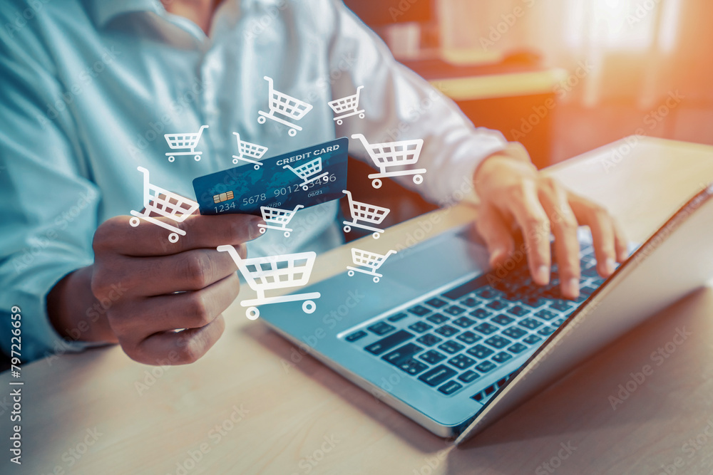 Elegant customer hold credit card with hologram interface choose online ...