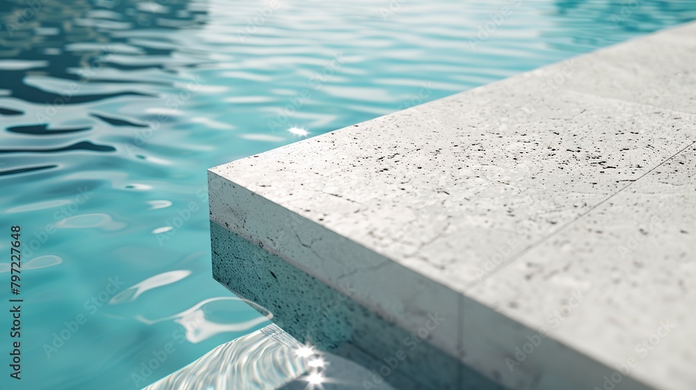 Fascinating close-up of a white concrete edge of a swimming pool with ...