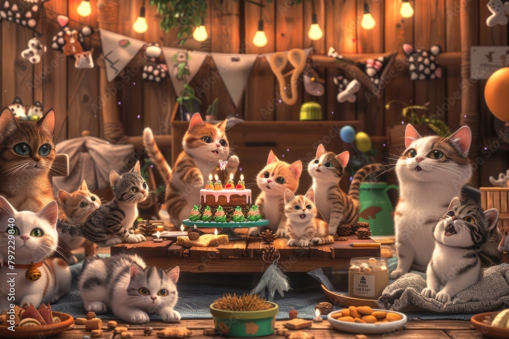 Celebration of Cat Day with various breeds playing. Festive Gathering ...