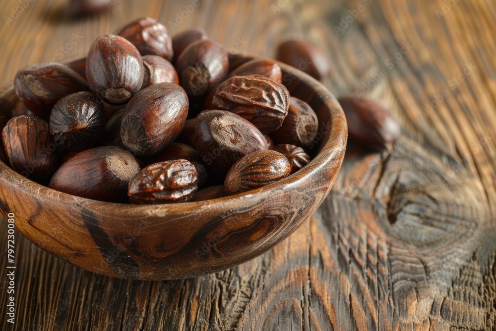 Rich and glossy cola nuts in a rustic wooden bowl, showcasing their ...