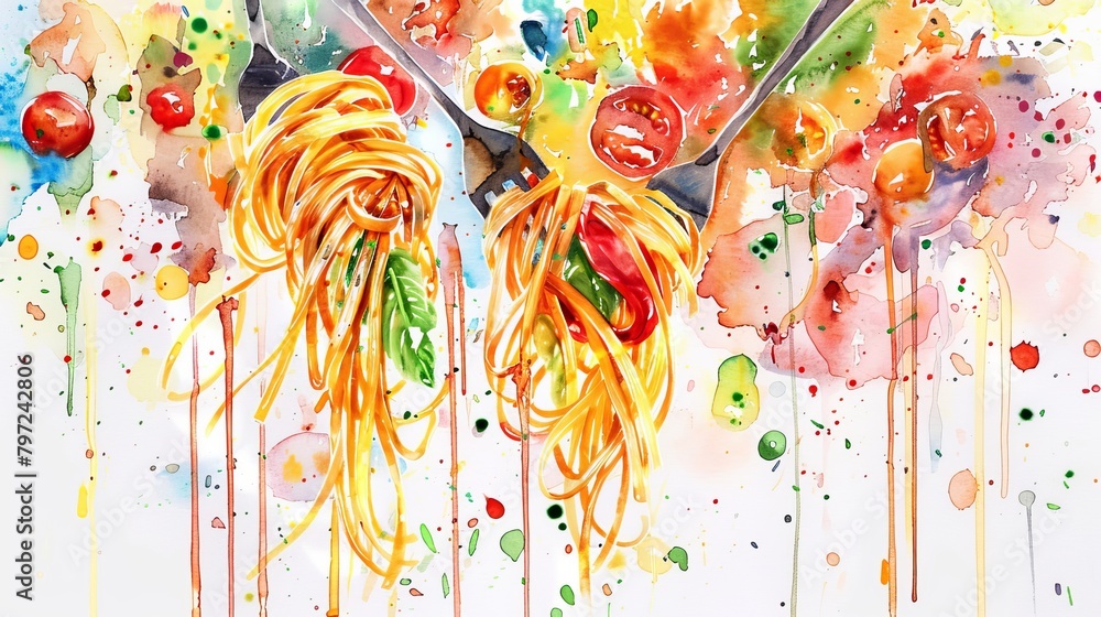 Charming watercolor of Pasta Primavera at a family dinner, each forkful ...