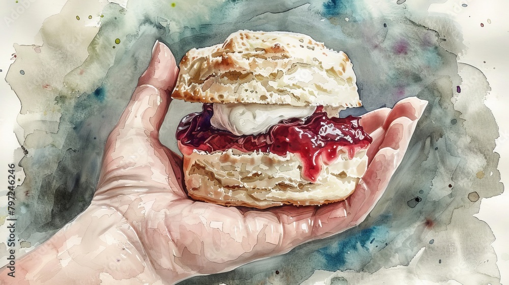 Detailed watercolor of a hand holding a scone with clotted cream and ...