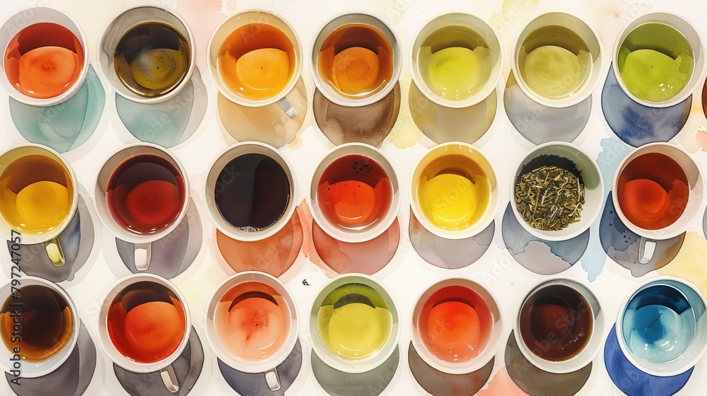 Intimate watercolor of a tea tasting session, cups of various teas ...