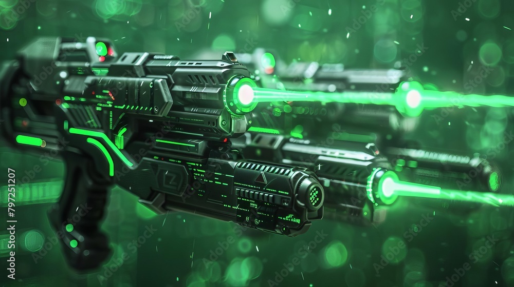 alien industrial heavy metal laser guns with glowing green screen ...