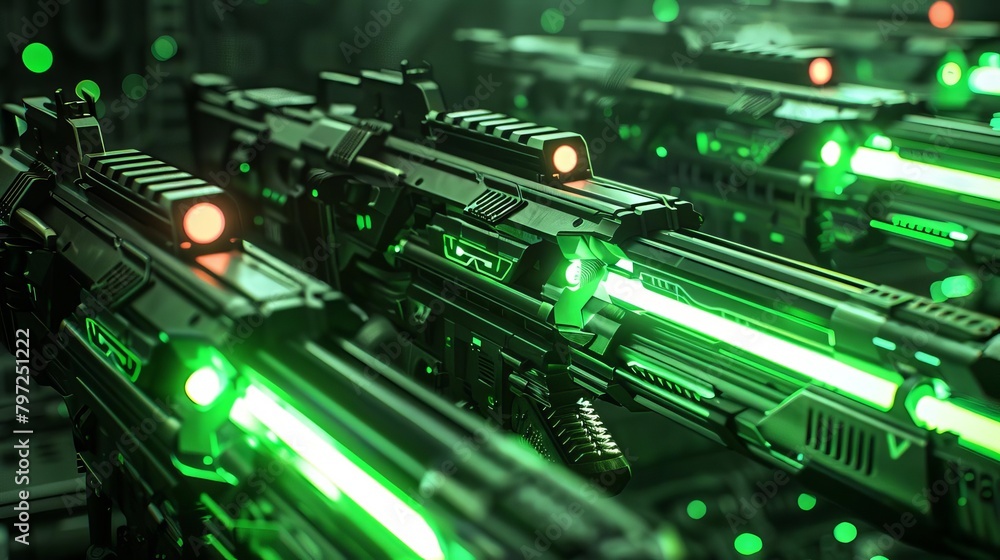 alien industrial heavy metal laser guns with glowing green screen ...