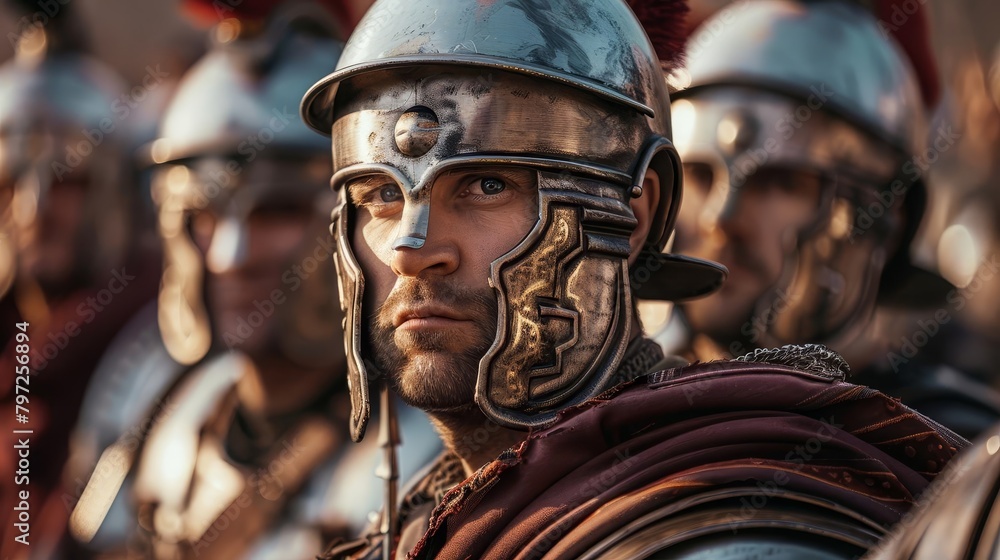 hyperrealistic portrait of brave roman soldiers in battleworn armor ...
