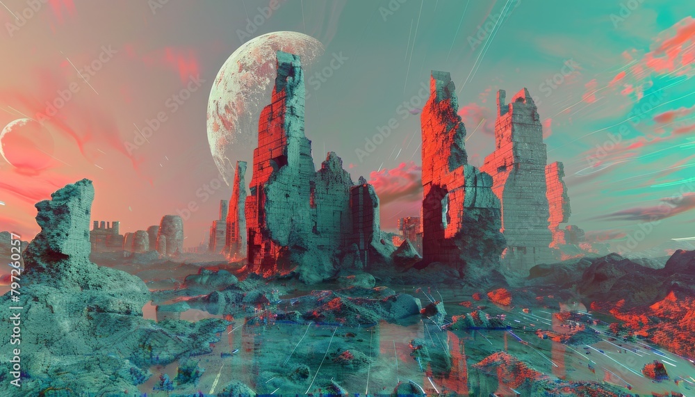 Create a 3D rendering of a dystopian landscape using glitch art ...