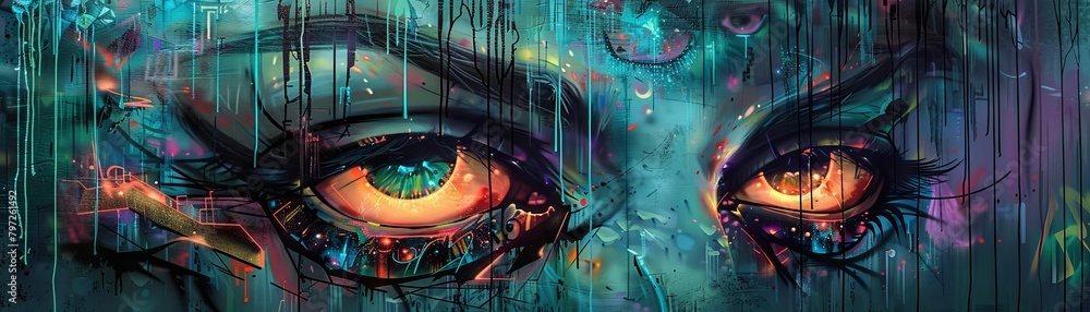 Illustrate a terrifying graffiti mural on a gritty urban wall, infusing ...