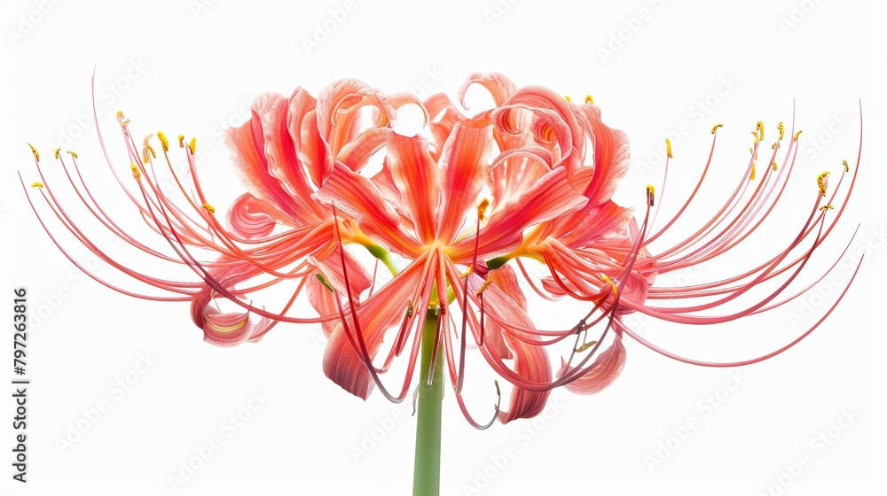 vibrant red spider lily blossom isolated on pure white background ...