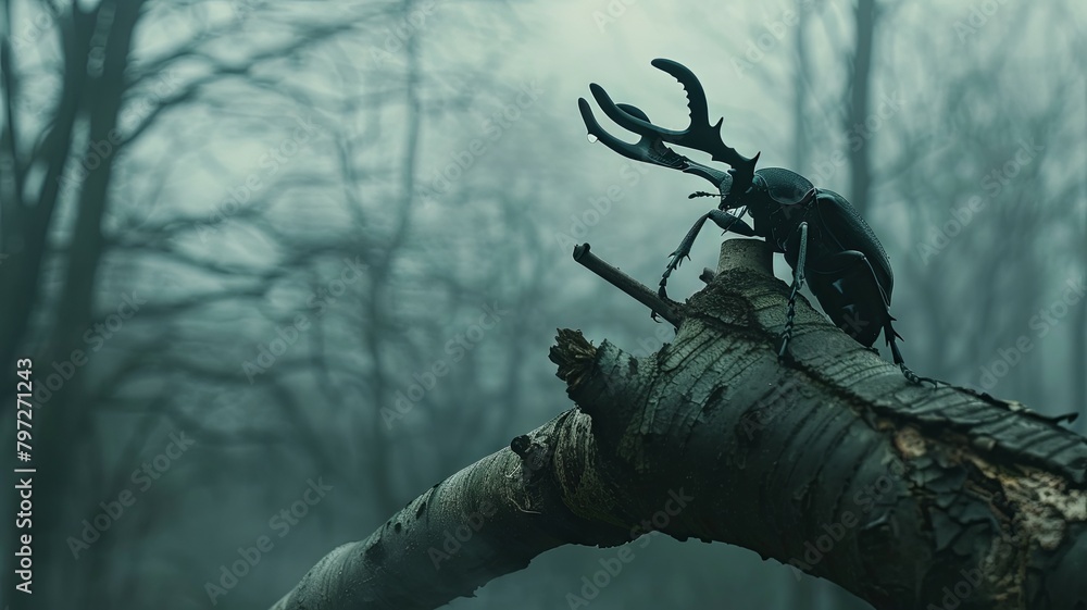 Stag beetle perching on a dark forest branch - A close-up of a majestic ...