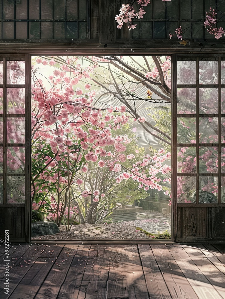 Cherry blossoms view through traditional window - A serene and inviting ...