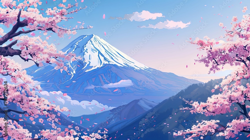 Mount Fuji with Cherry Blossoms in Bloom - A vibrant digital artwork ...