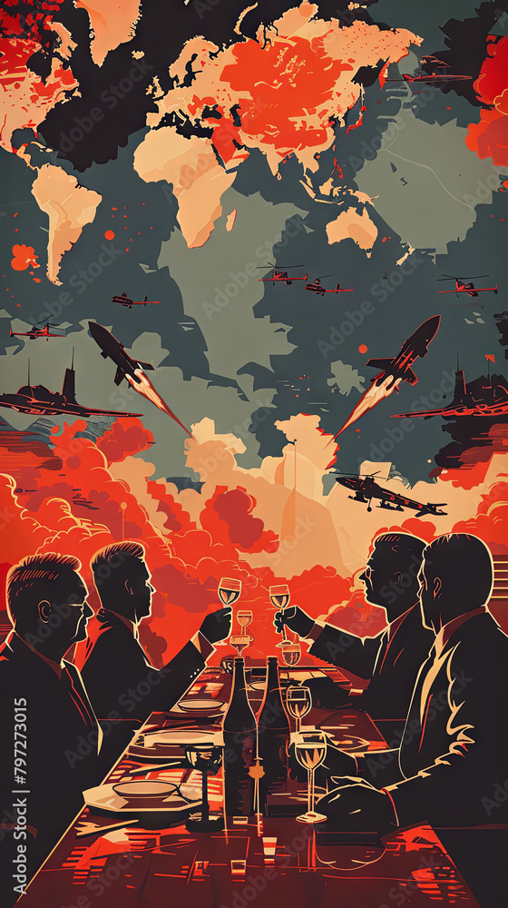 Warplanes and ships over a stylized global conflict - An artistic ...