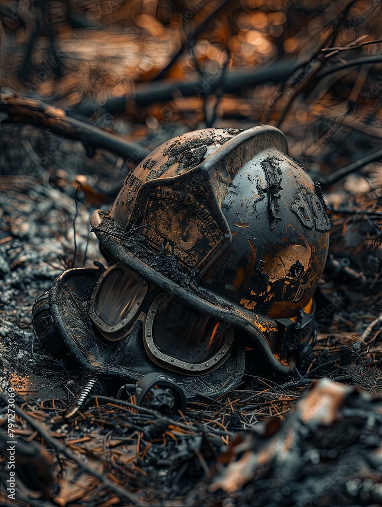 Burnt Firefighter Helmet in a Post-Fire Forest Scene - An evocative ...