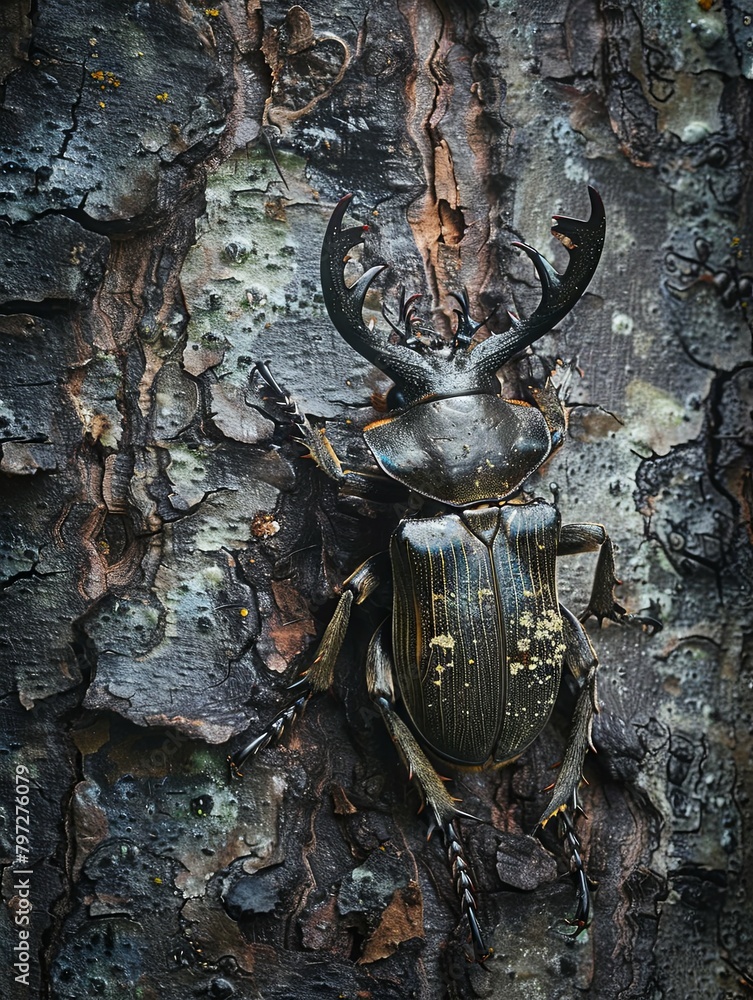 Stag beetle on textured tree bark surface - Detailed capture of a stag ...