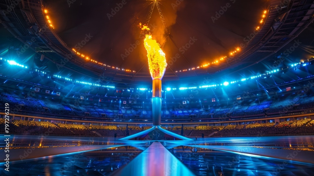 Huge torch with stunning flame inside a stadium for Olympic opening ...