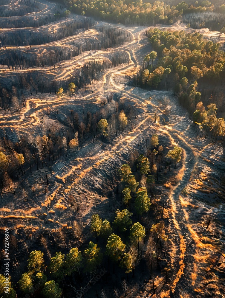 Golden sunrise light over a charred forest landscape - The warm glow of ...