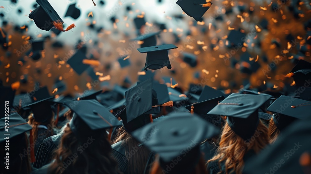 Flying graduation caps on the air in the campus building background ...