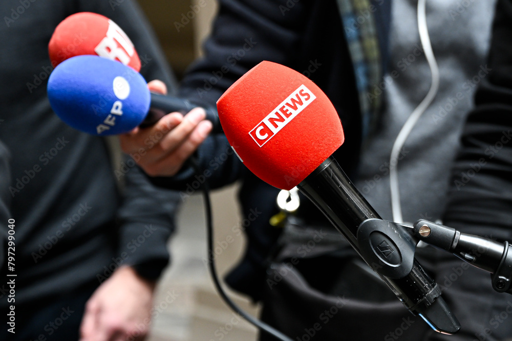 Illustration picture shows a microphone (mic, mike, micro) with the ...