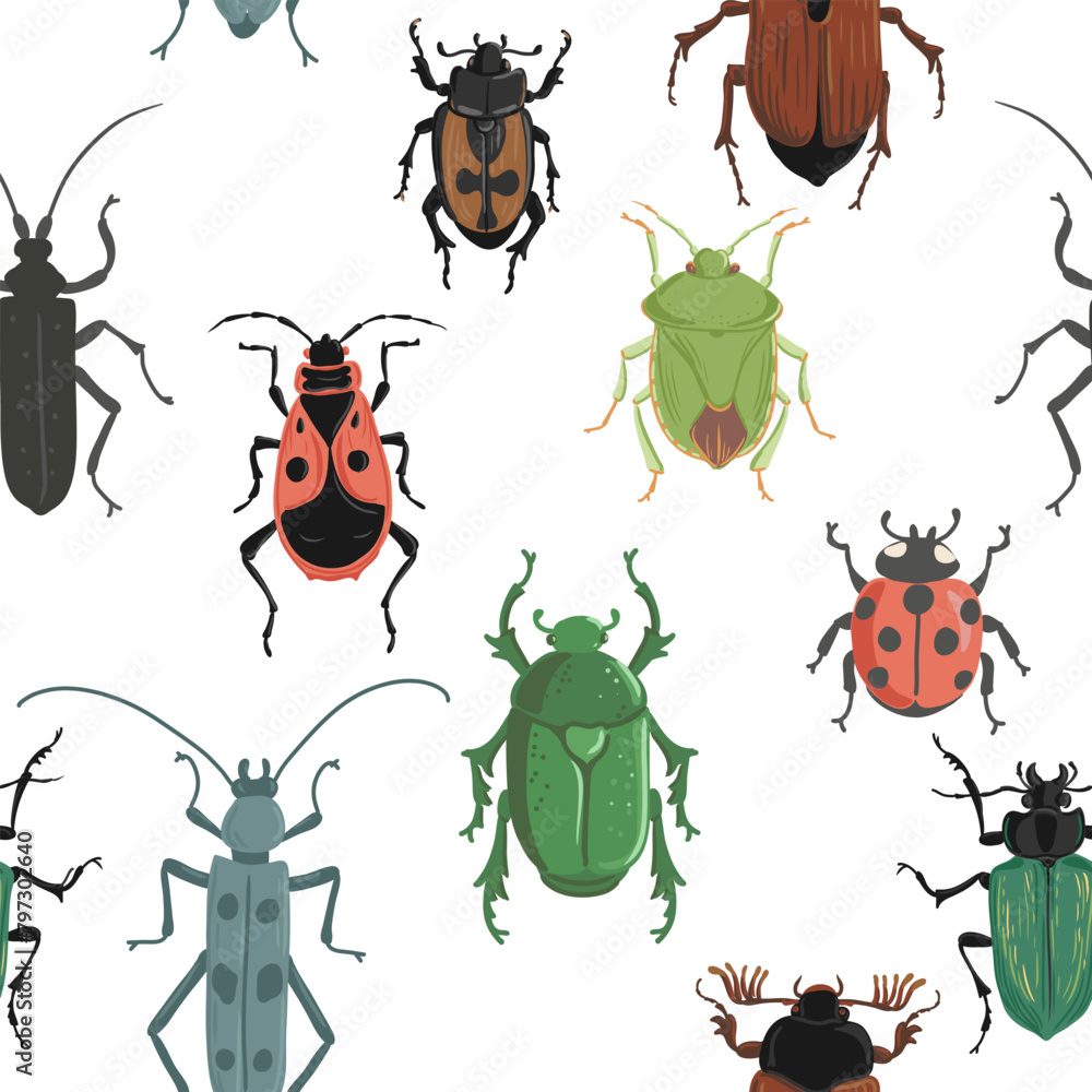 vector drawing seamless pattern with bugs, beetles, hand drawn insects ...