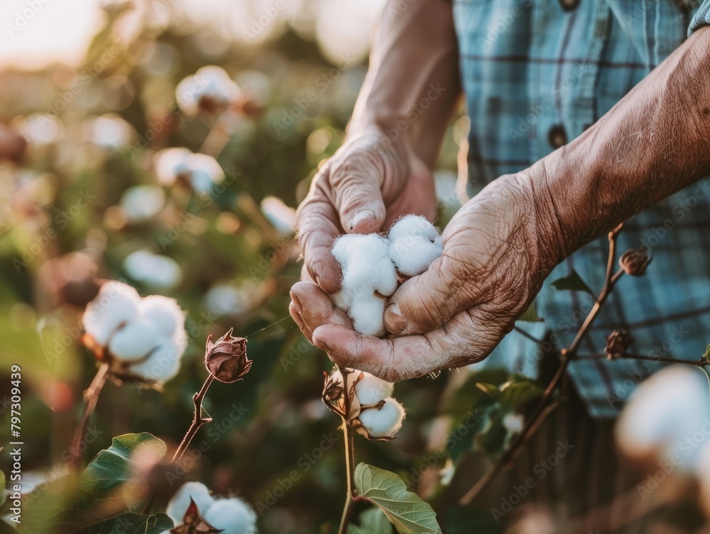 Farmer hand picking white boll of cotton. Cotton farm. Field of cotton ...