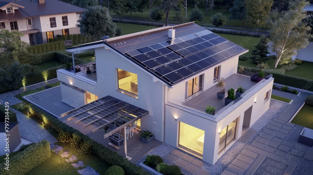 Photovoltaic System on the roof New suburban house Modern eco friendly ...