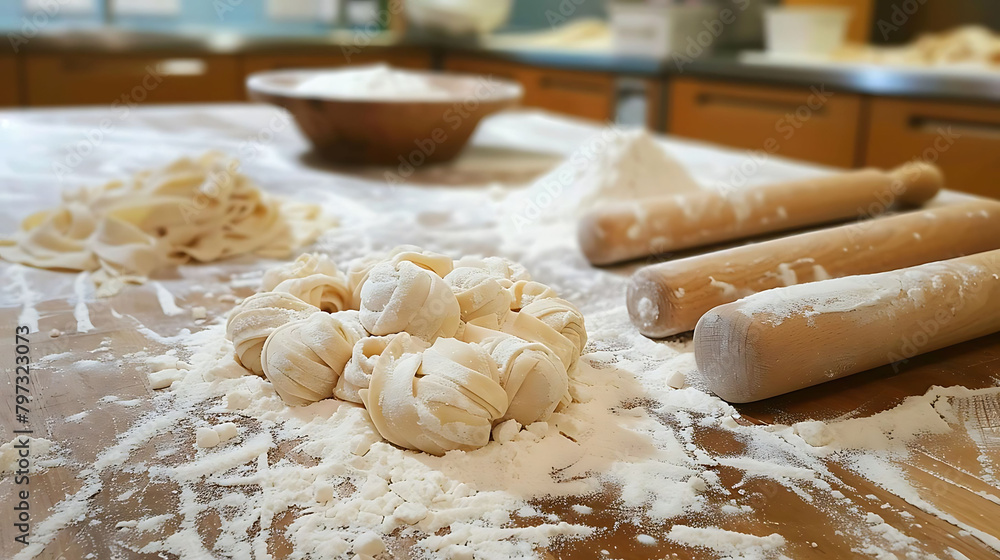 pasta making workshop in a kitchen with a brown bowl on the left, a ...