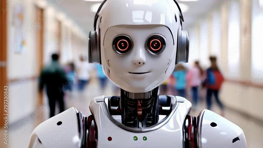 Close-up of a stylish white humanoid robot in a public school. The ...